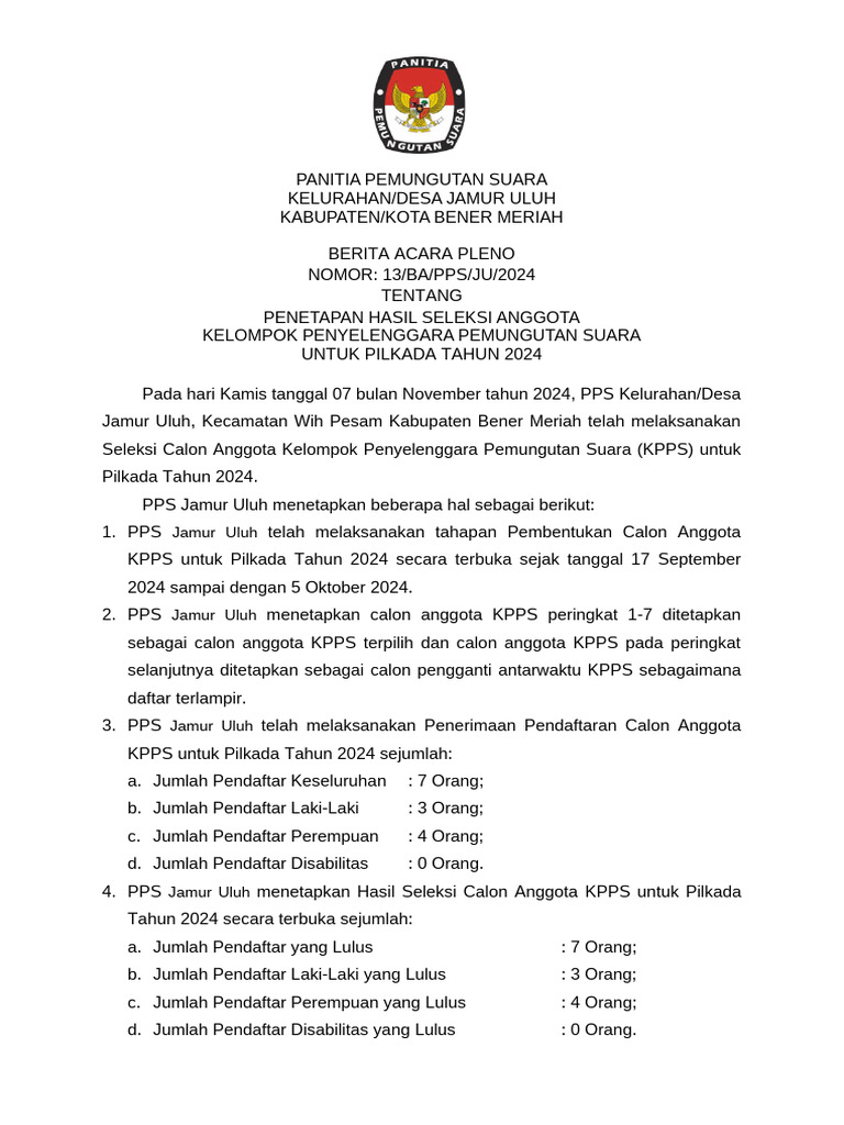 1.berita Acara PPS Penetapan Hasil Seleksi KPPS | PDF