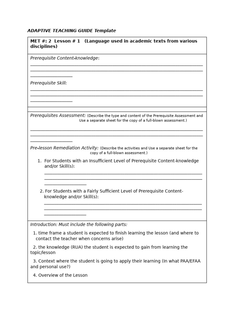 ADAPTIVE TEACHING GUIDE Template | PDF