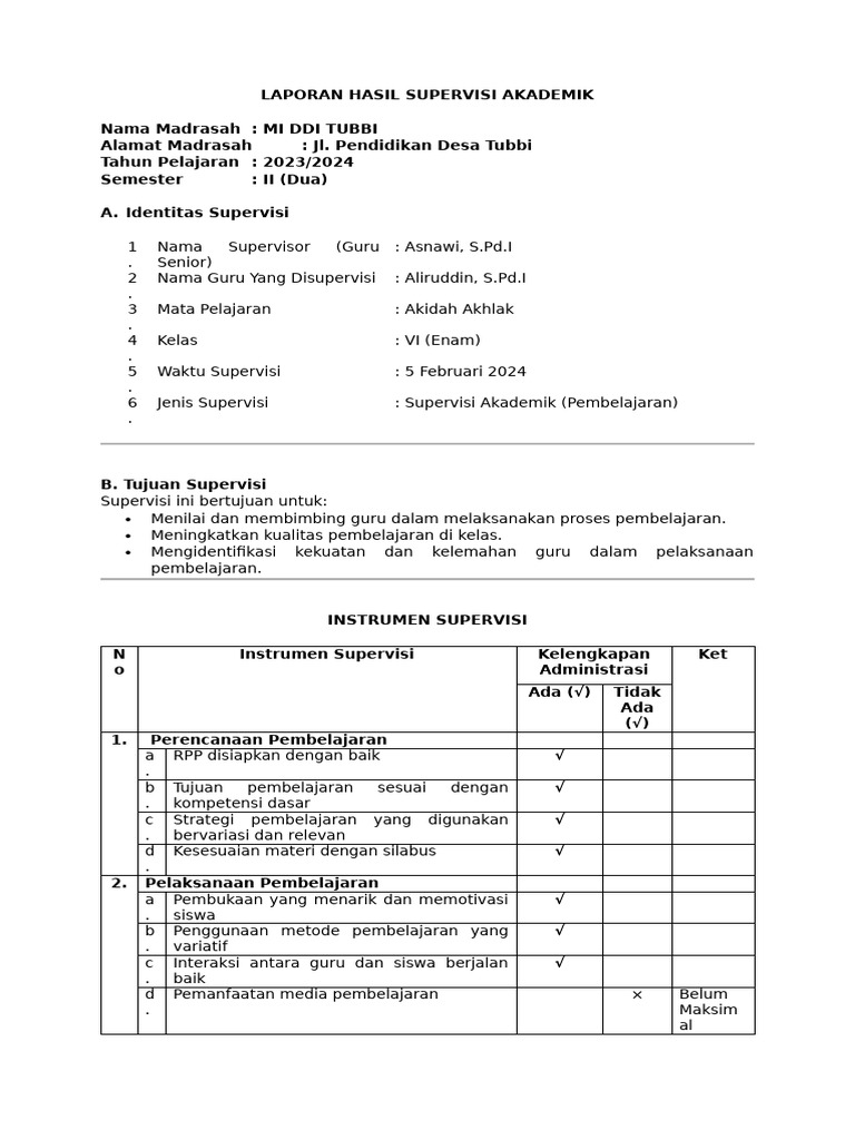 LAPORAN HASIL SUPERVISI AKADEMIK | PDF