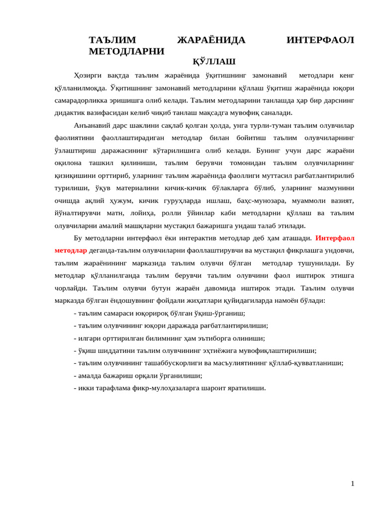 Darsdagi Metodlar | PDF