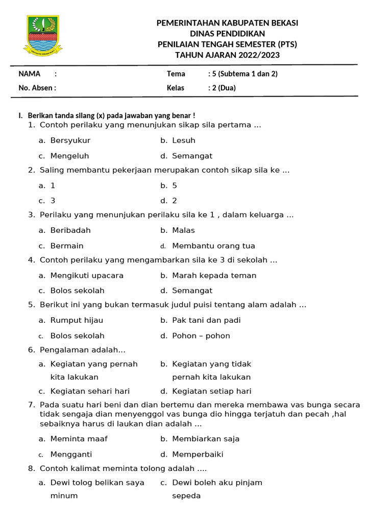 Soal PTS KELAS 2 (Tema 5 Subtema 1 dan 2) - 2023 edit | PDF