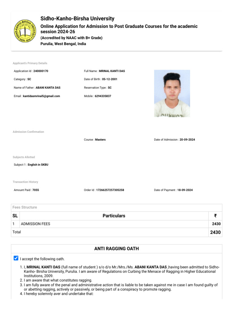 Sidho-Kanho-Birsha University - Online Admission | PDF