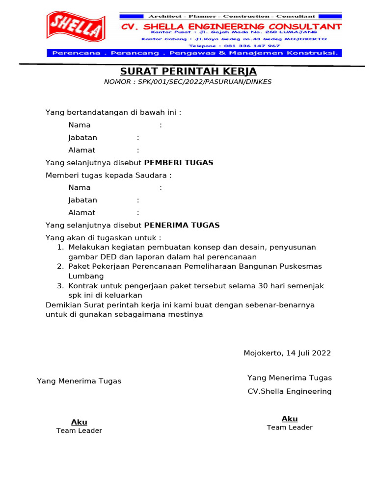 Contoh Surat Perintah Kerja Proyek | PDF