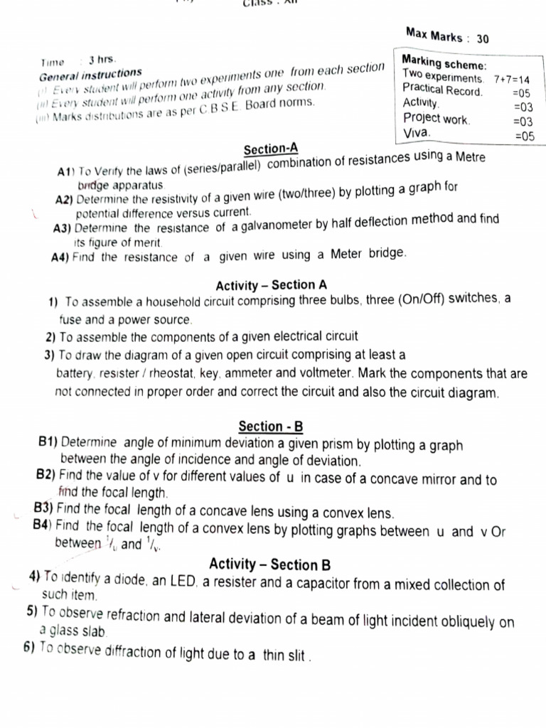 List of Practicals and Activities For Class 12 Physics | PDF ...
