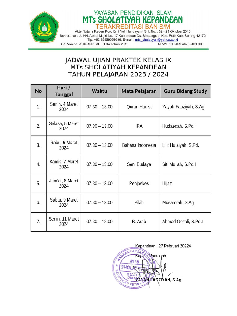 Jadwal Ujian Praktek | PDF
