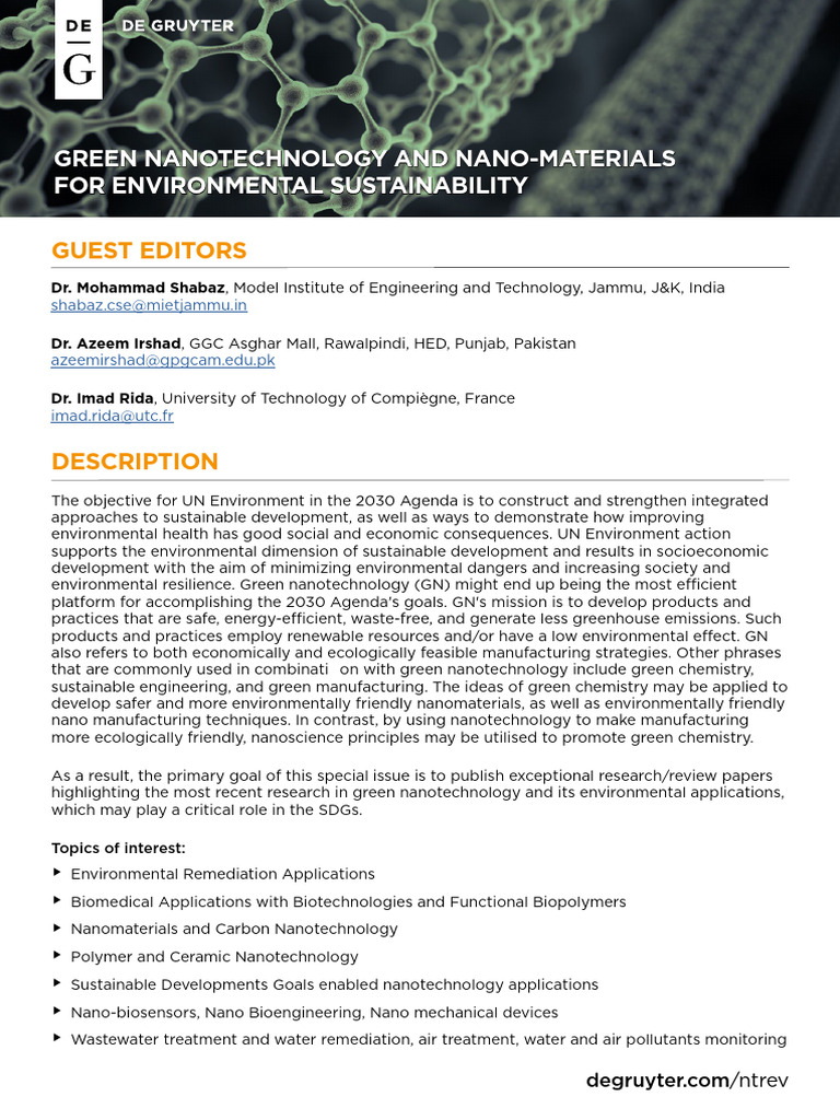 NTREV - CFP Green Nanotechnology and Nanomaterials For Environmental Sustainability | PDF ...
