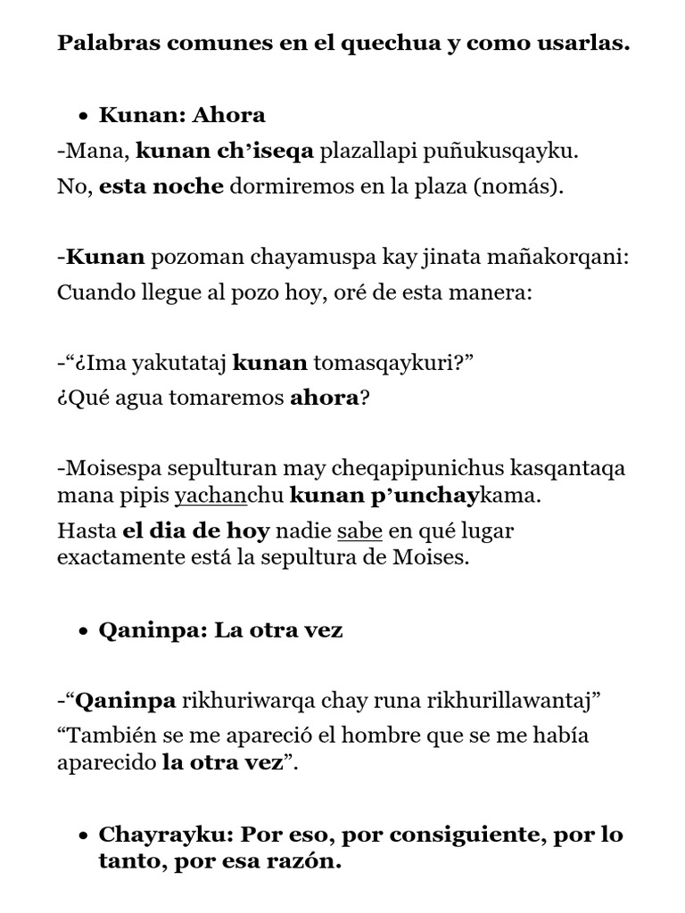 Quechua Boliviano 37-Palabras Comunes en El Quechua y Como Usarlas | PDF