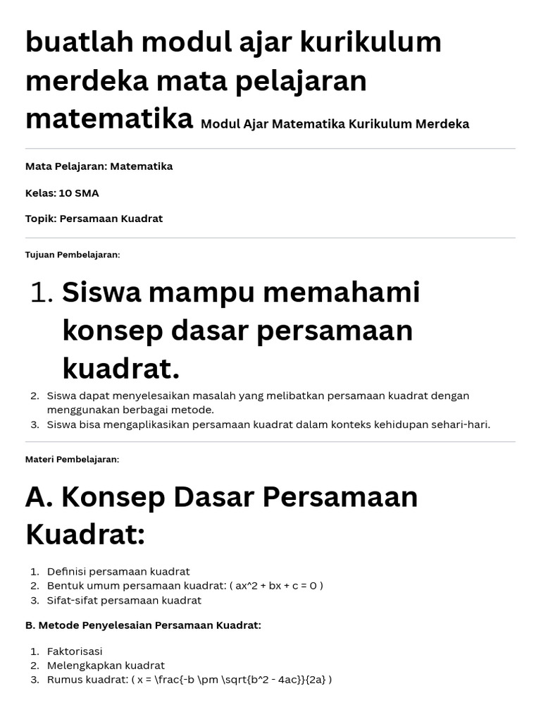 Buatlah Modul Ajar Kurikulum Merdeka Mata Pelajaran Matematika | PDF