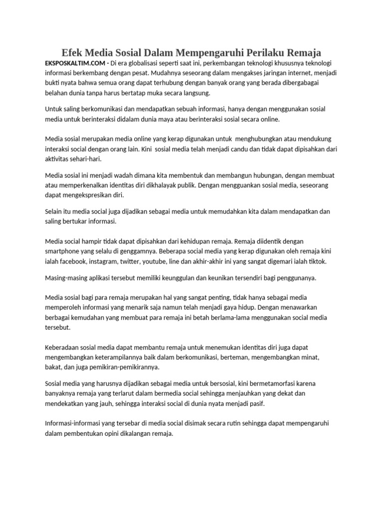 Efek Media Sosial Dalam Mempengaruhi Perilaku Remaja | PDF
