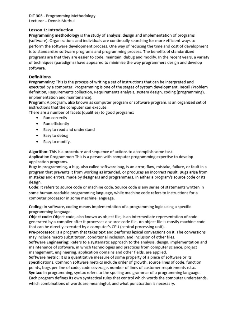 DIT 305 - Programming Methodology - Lesson 1 | PDF DIT 305 - Programming Methodology - Lesson 1 | PDF