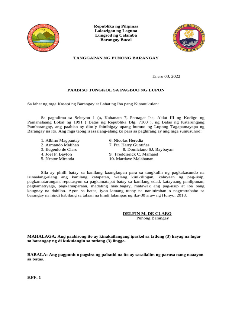 KPForm 1. PAABISO TUNGKOL SA PAGBUO NG LUPON | PDF