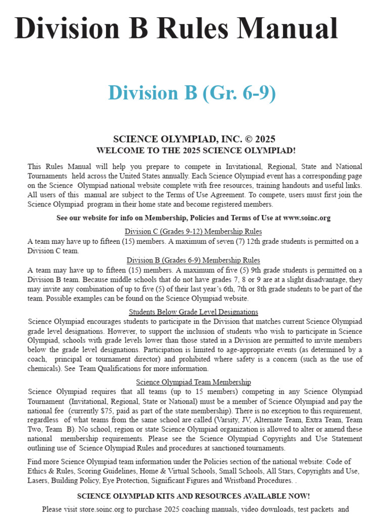 Science - Olympiad - Div - B - Rules - 2025 - For - Web - Secured (By The Scioly Website) | PDF