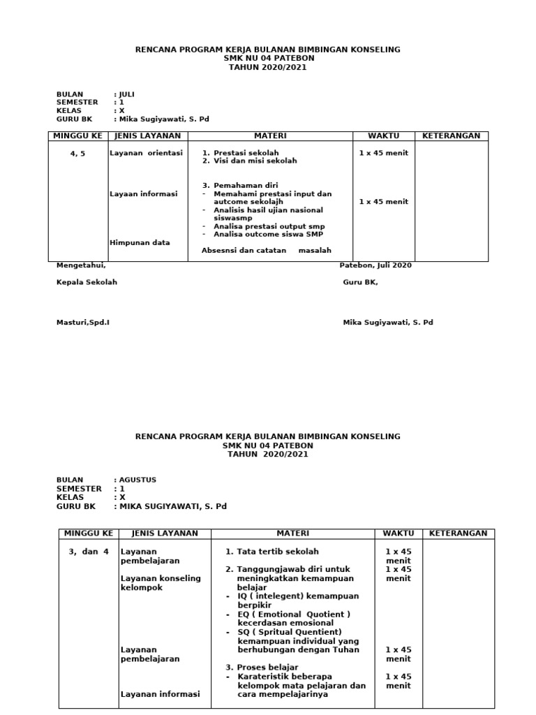 Program Kerja BK Bulanan Kelas X | PDF