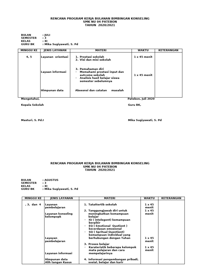 Program Kerja BK Bulanan Kls Xi | PDF