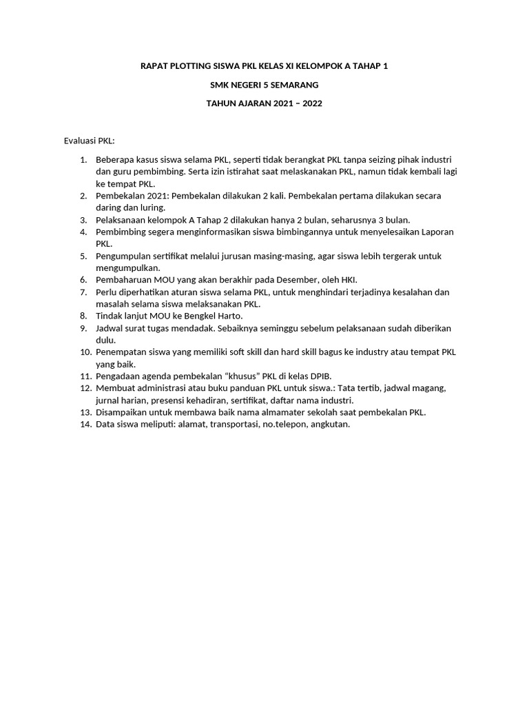 Rapat Plotting Siswa PKL Kelas Xi Kelompok A Tahap 1 | PDF