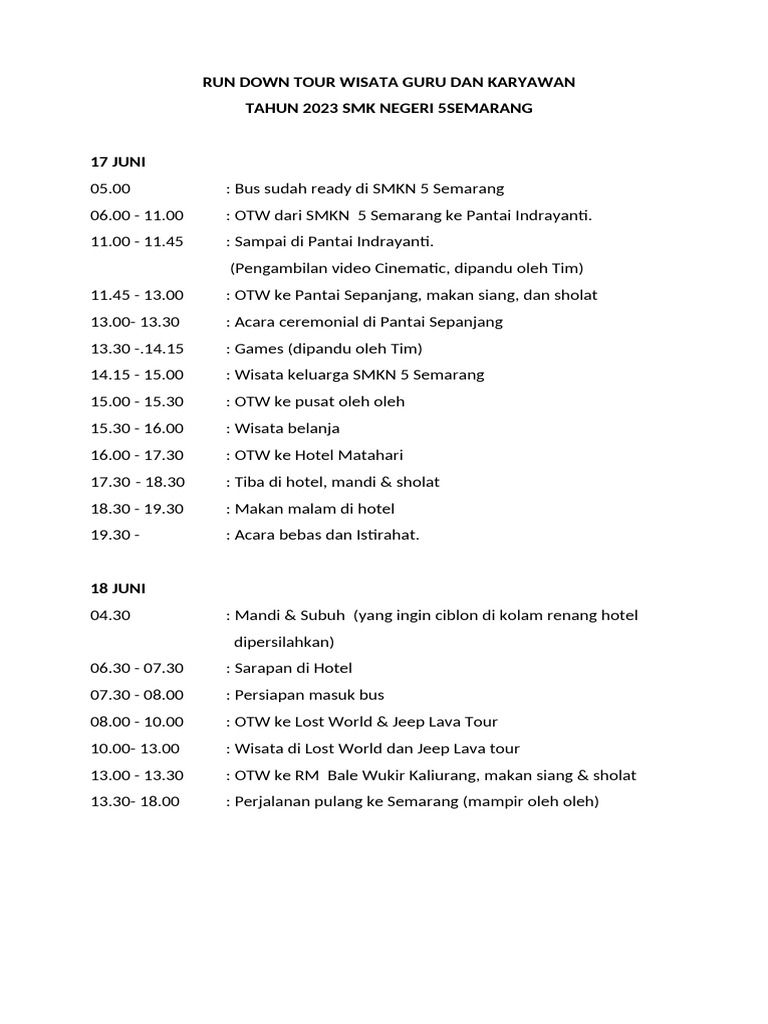 Run Down Tour Wisata Guru Dan Karyawan | PDF
