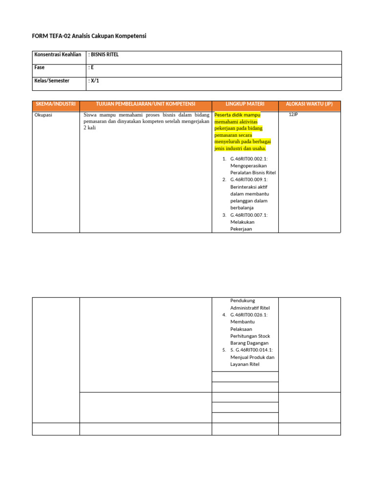 Form Tefa 02 Analisis Cakupan Kompetensi | PDF