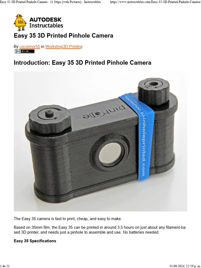 Easy 35 3D Printed Pinhole Camera - 11 Steps (With Pictures) - Instructables | PDF