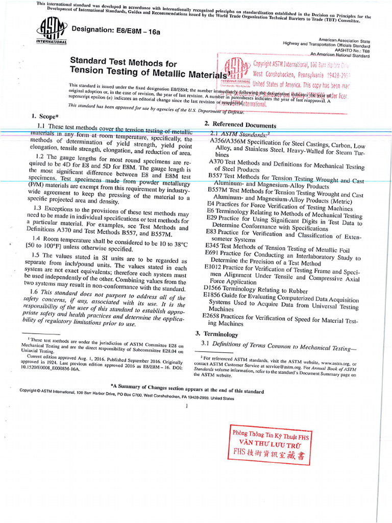 Astm e8.e8m-16a 金屬材料拉伸試驗標準方法 | PDF