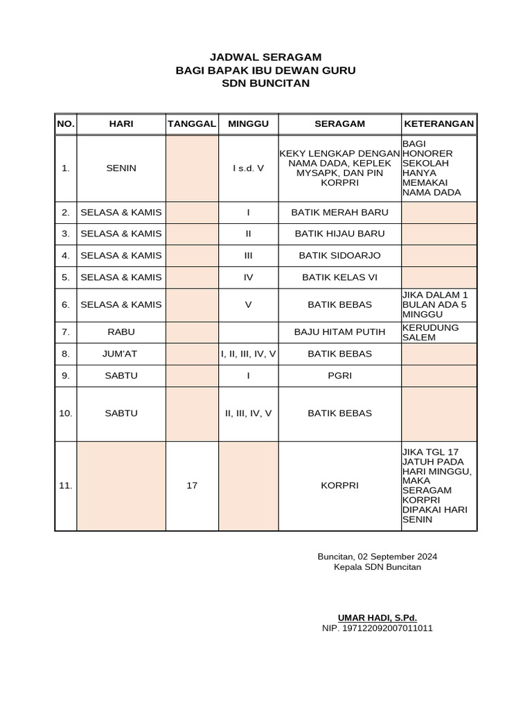 Jadwal Seragam | PDF