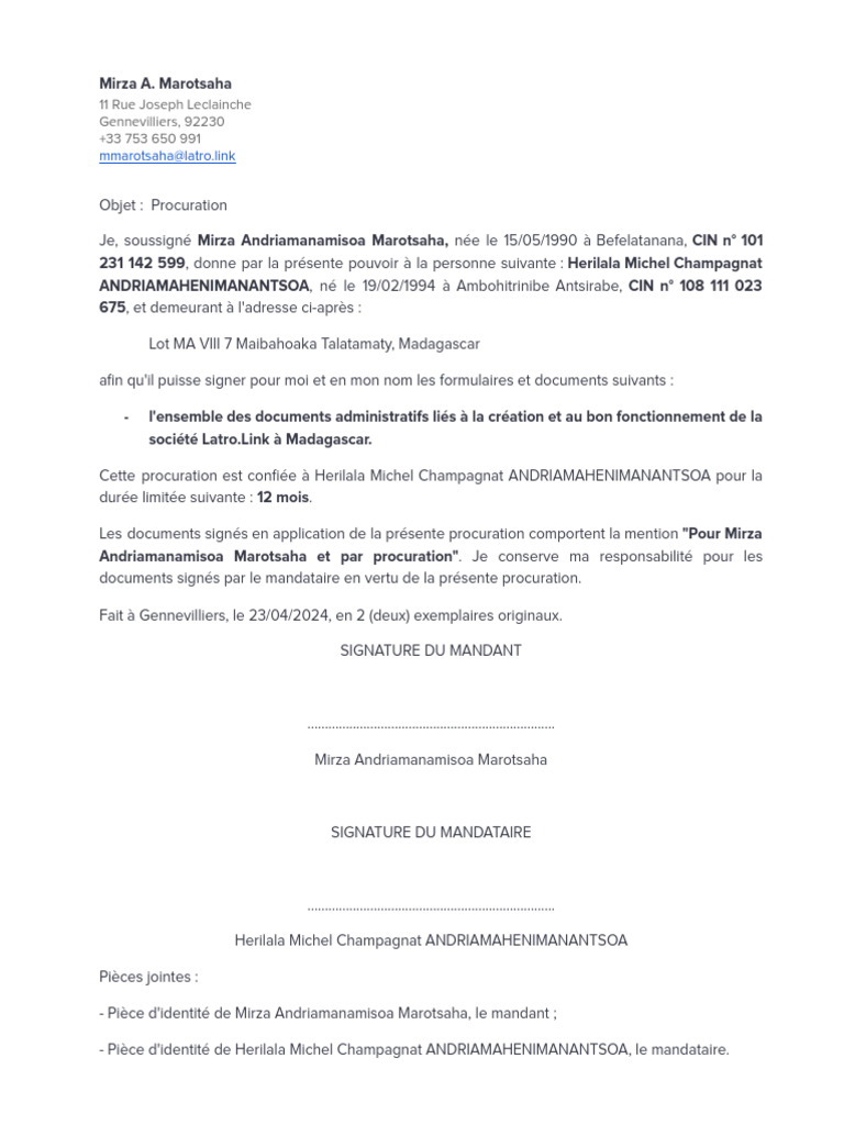 Lettre de Procuration Latro.link | PDF