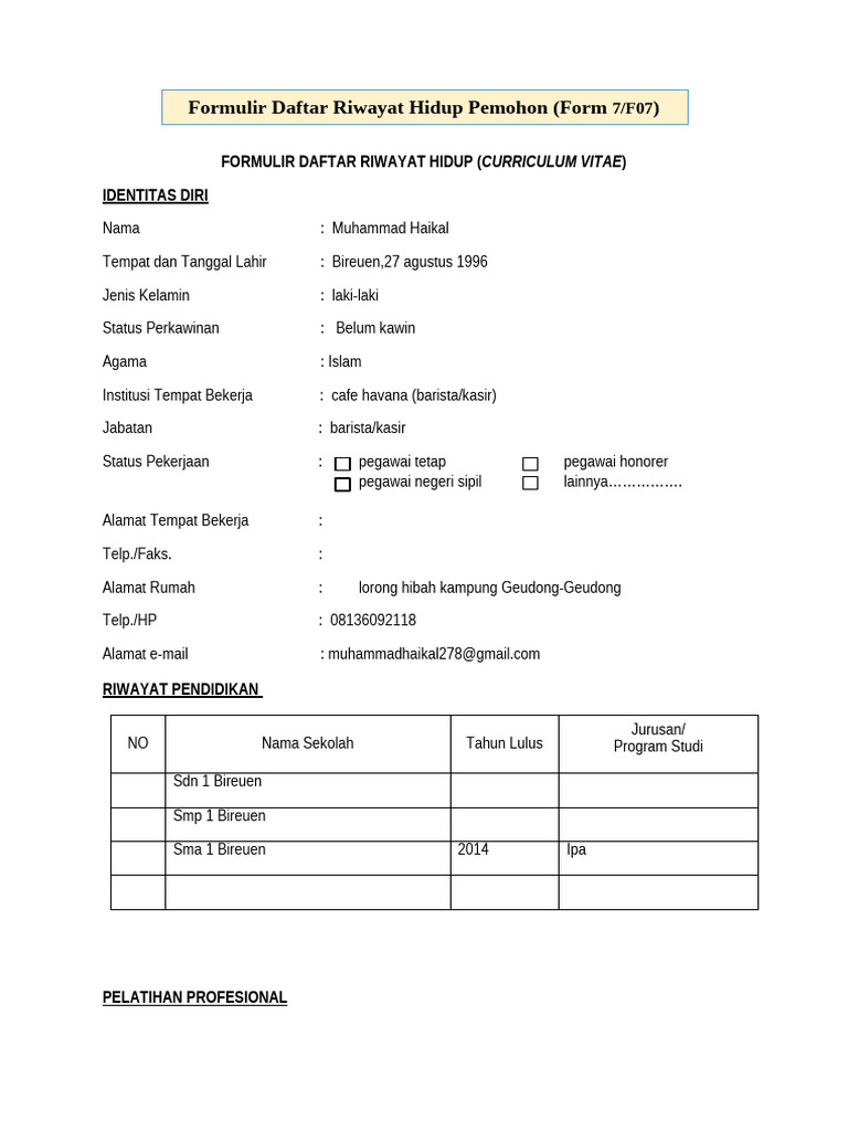 Formulir Daftar Riwayat Hidup Calon Mahasiswa RPL (Form - 7 - F07) Salinan | PDF