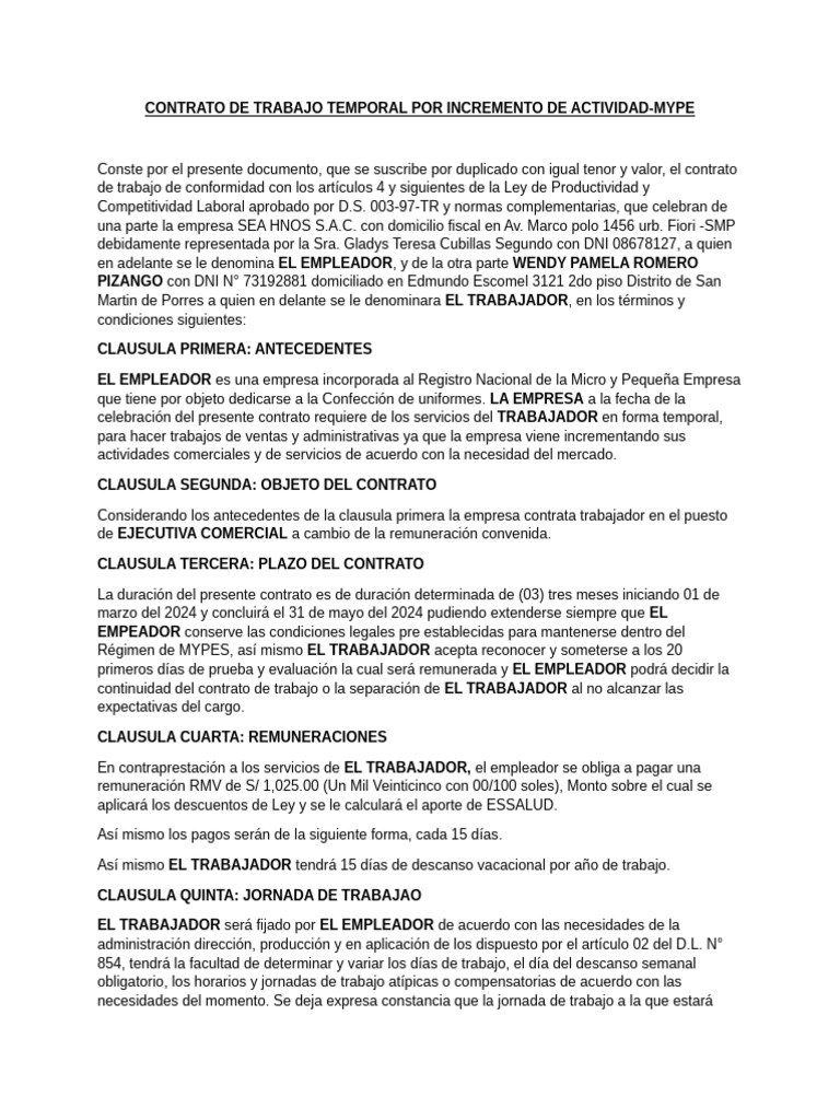 Contrato de Trabajo Por Incremento de Actividad-mype | PDF