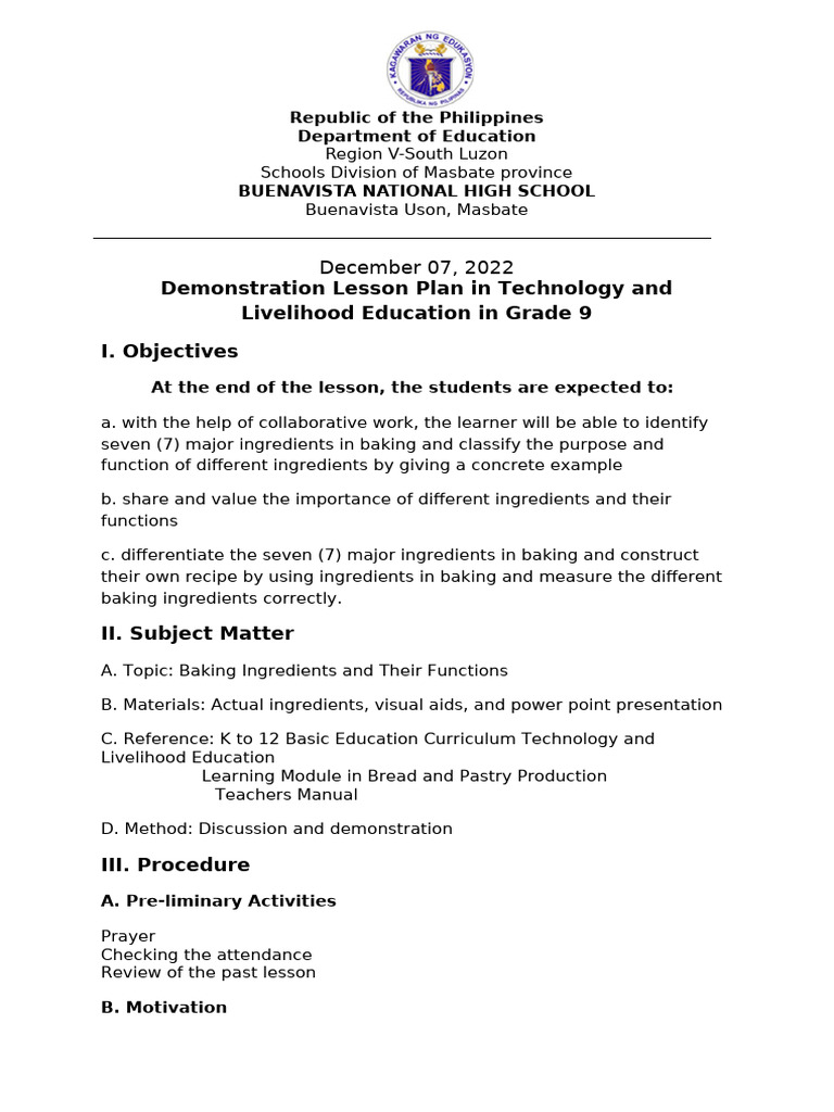 Demonstration Lesson Plan in Bread and Pastry Production | PDF