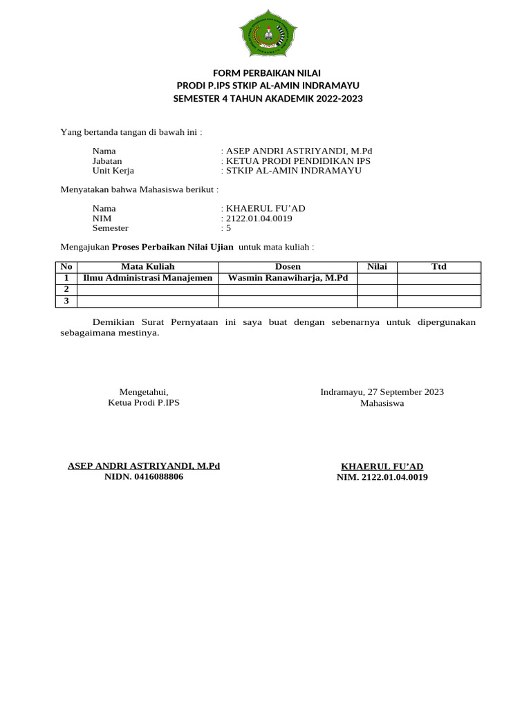 Surat Pernyataan Perbaikan Nilai-1 | PDF