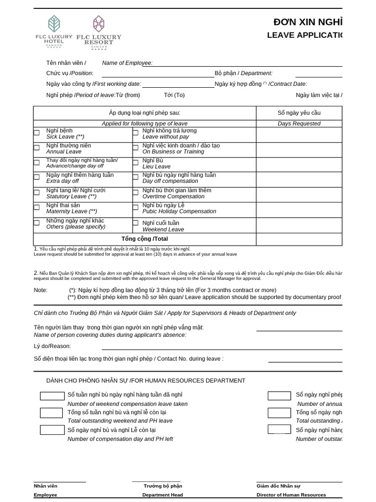 Form No Hr001 Nghỉ Phép Leave Application Pdf