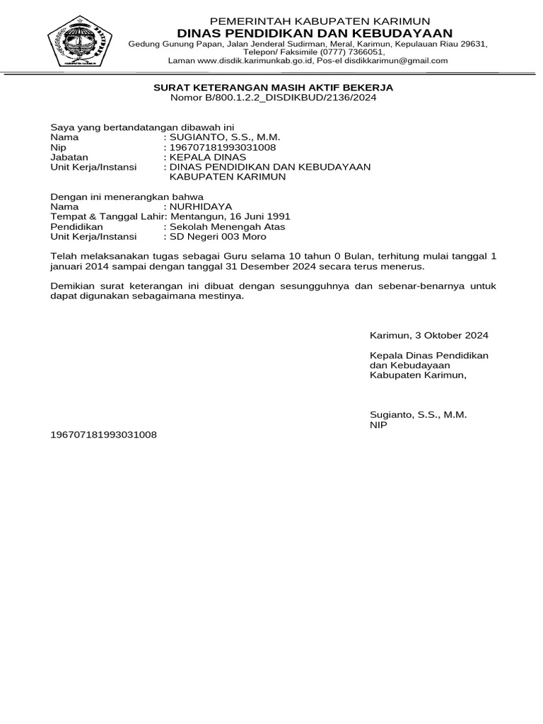 Surat Keterangan Masih Aktif Bekerja Nurhidaya Oke | PDF