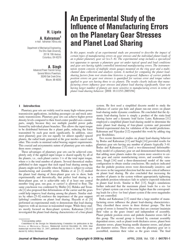 An Experimental Study of The Influence of Manufacturing Errors On The Planetary Gear Stresses ...