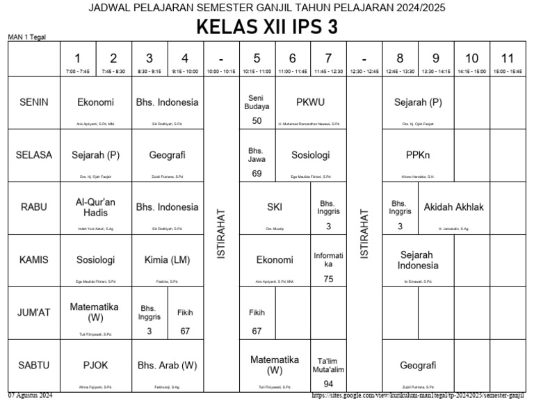 Jadwal Kelas - 07 Agustus 2024 - Kelas XII IPS 3 | PDF