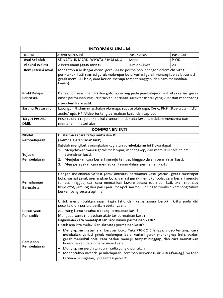 Modul Ajar Pjok 5 Bab 3.1 (Permainan Kasti) | PDF