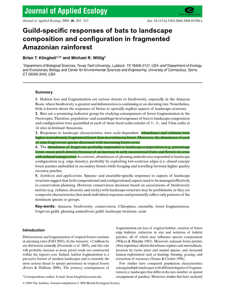 Guild-Specific Responses of Bats To Landscape Composition and ...
