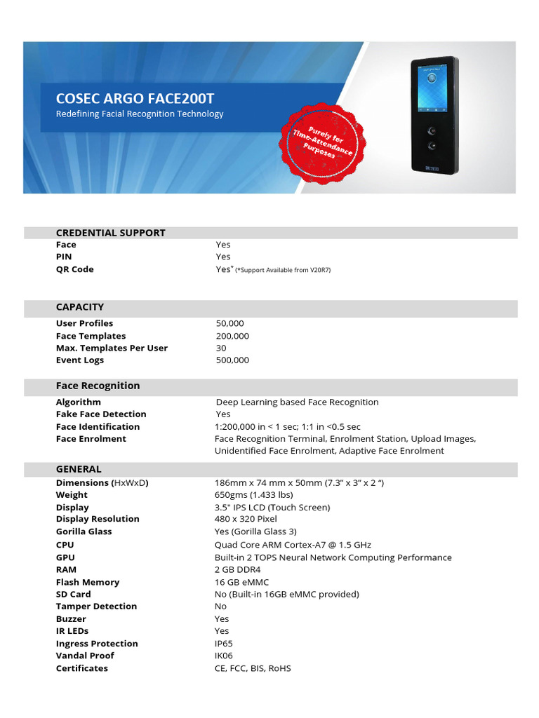 Matrix COSEC ARGO FACE200T Technical Specifications | PDF