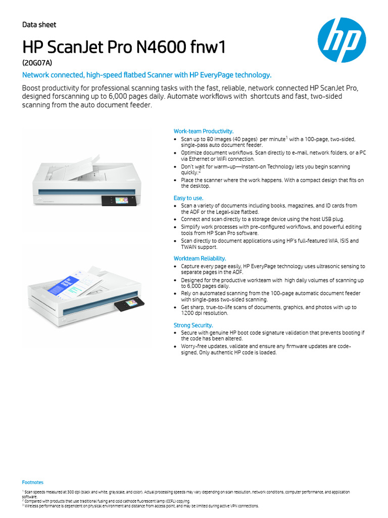 HP ScanJet Pro N4600 Fnw1 Datasheet | PDF