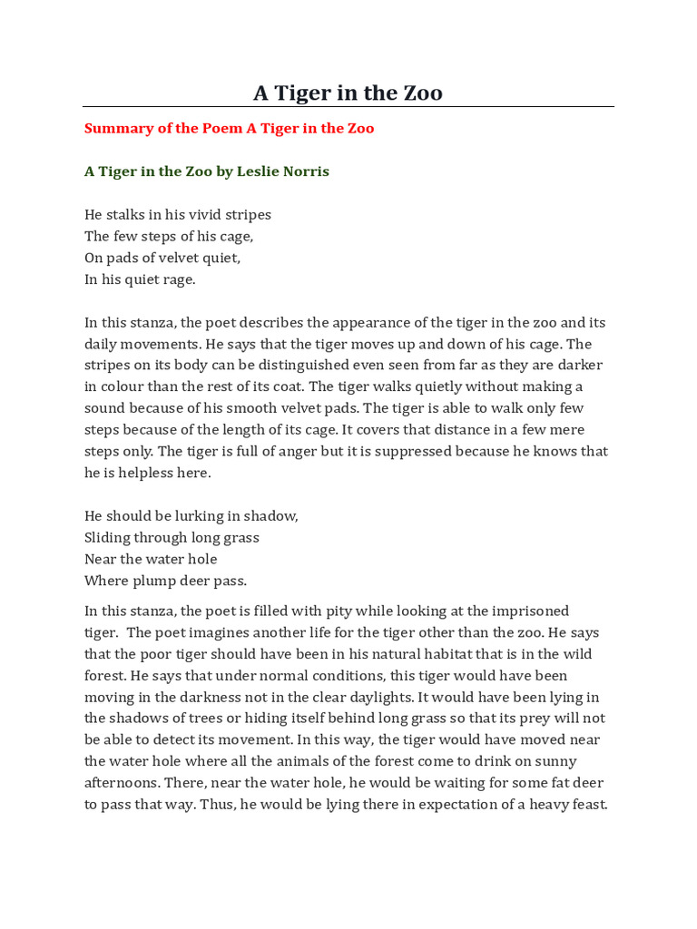 A Tiger in The Zoo | PDF | Tiger | Poetry