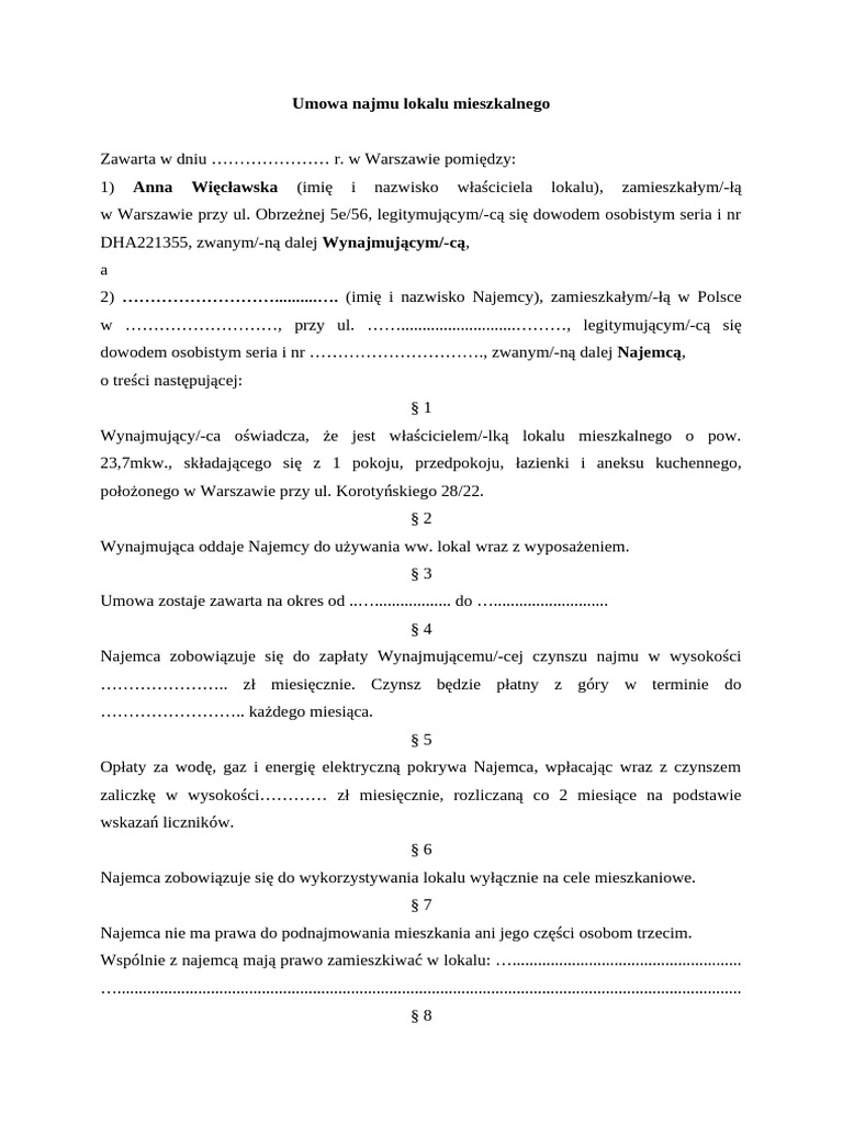 Wzór Umowy Najmu Lokalu Mieszkalnego | PDF