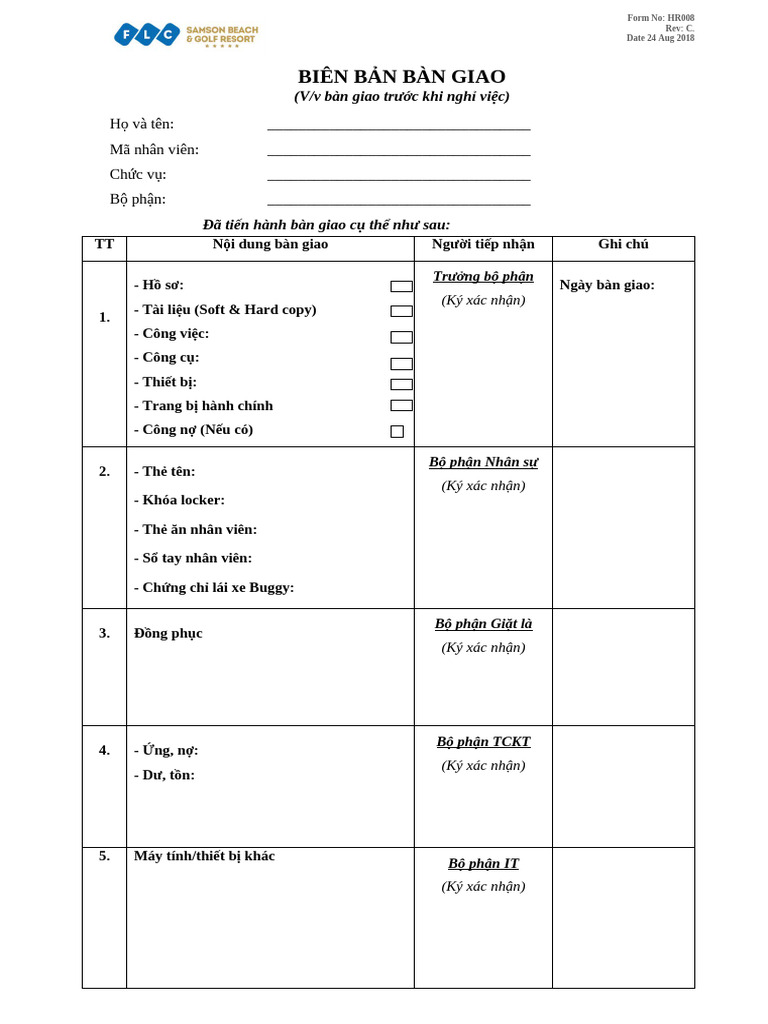 Form No. HR008 Biên bản bàn giao nghỉ việc - Handover form after resign ...