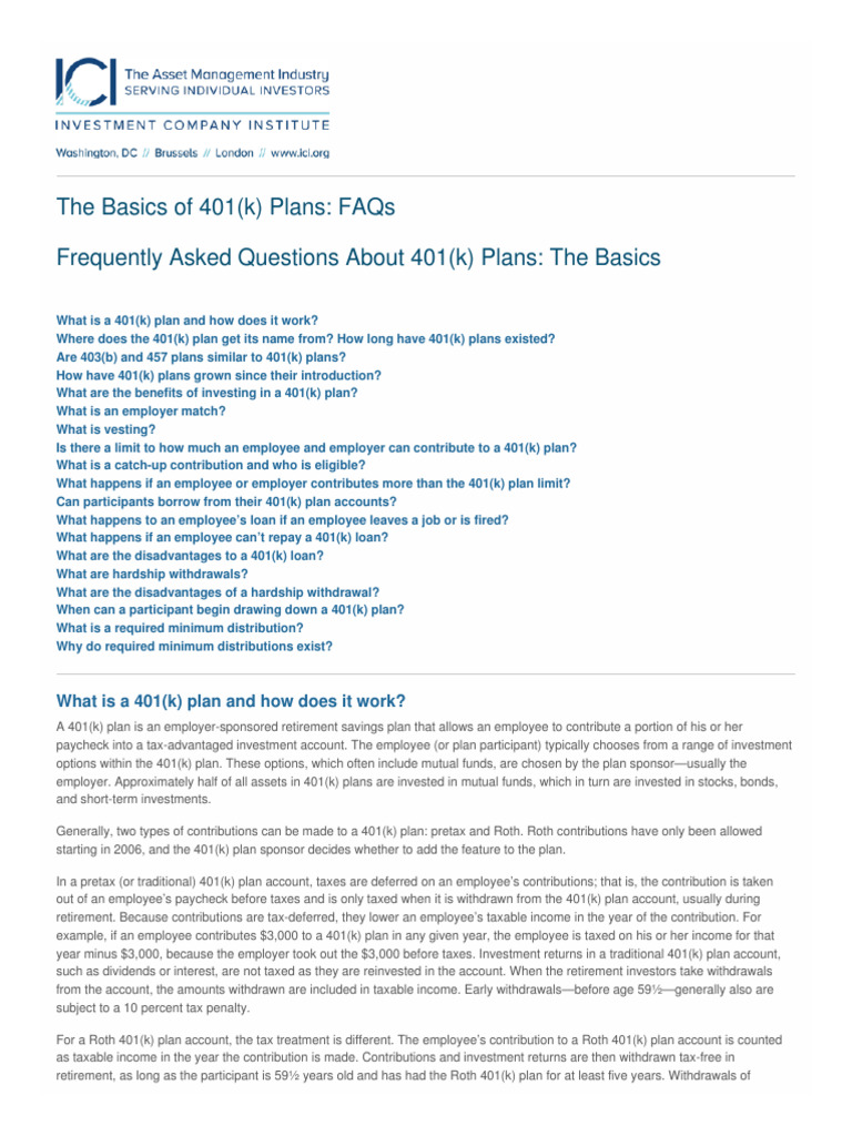 The Basics of 401k Plans FAQs | PDF