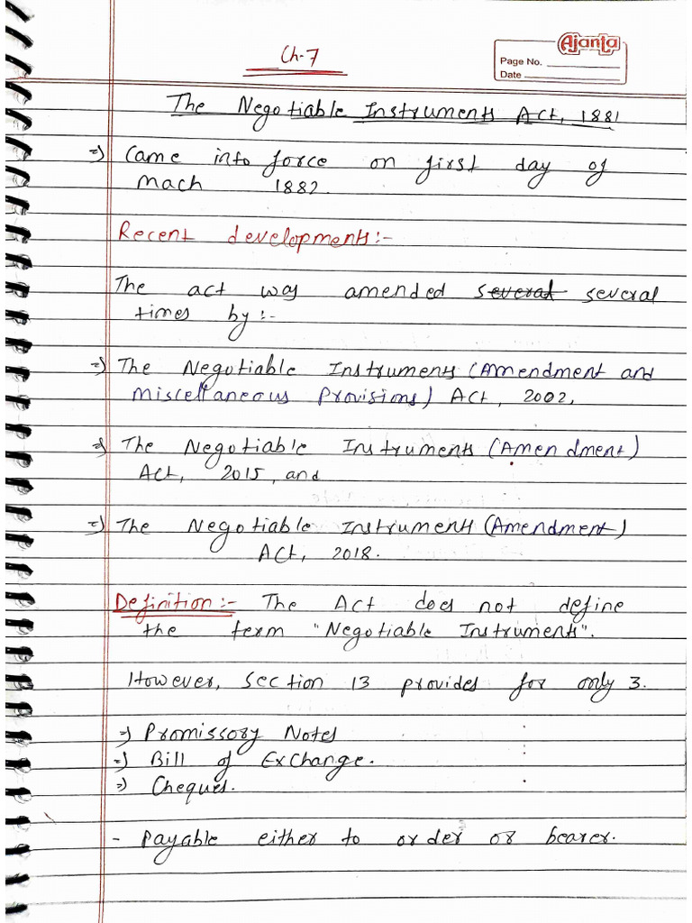 Negotiable Instrument Act Handwritten Notes | PDF