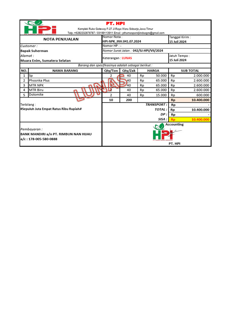 041 Invoice Suherman 10 Ton | PDF