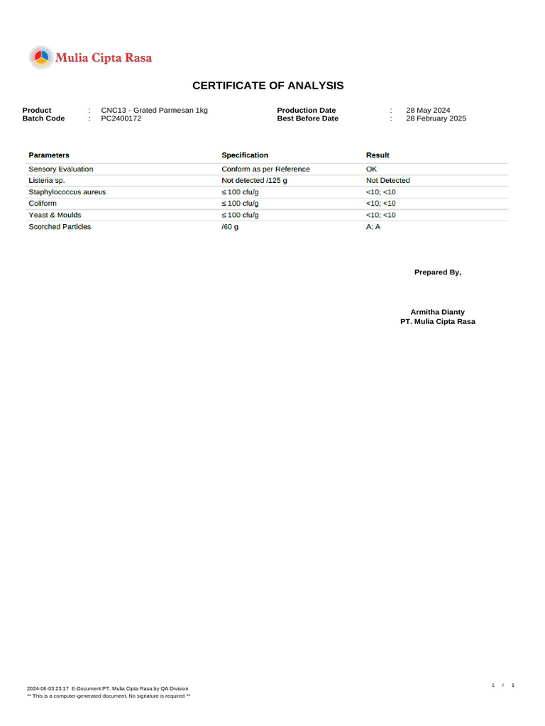 Coa Grated Parmesan 1 KG - BN PC2400172 - Ed 280225 | PDF