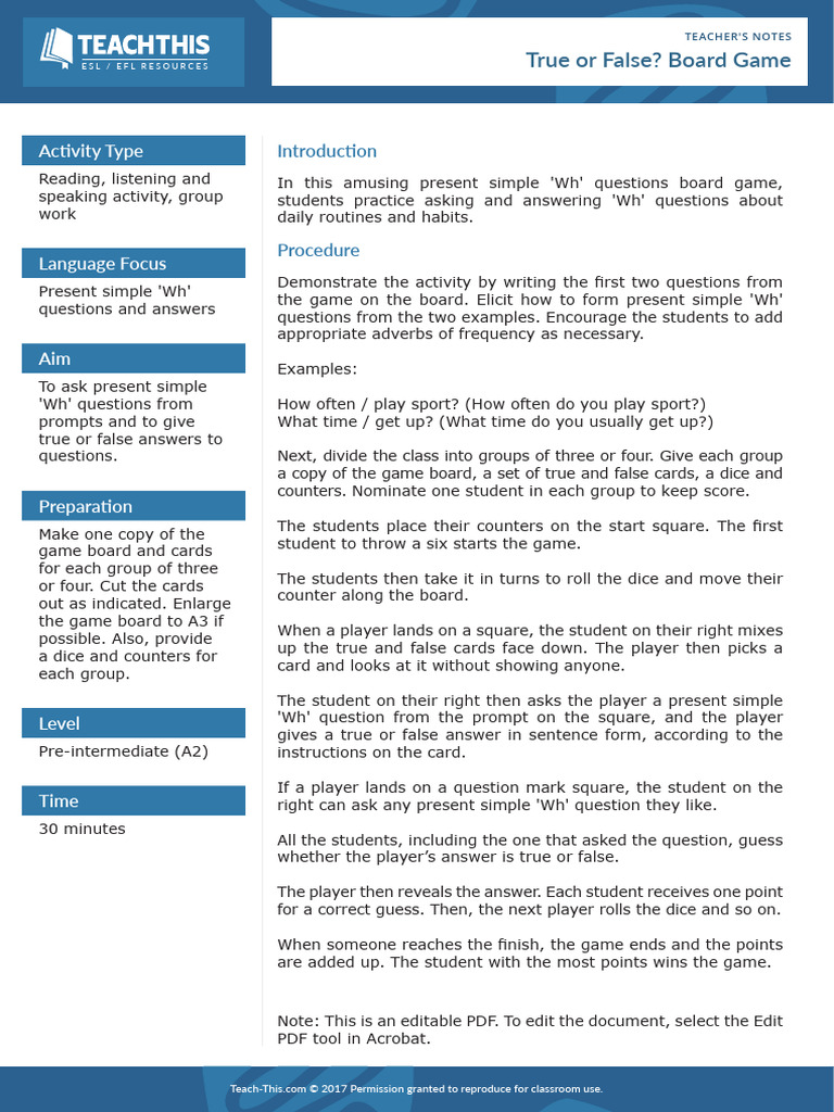 True or False Board Game | PDF