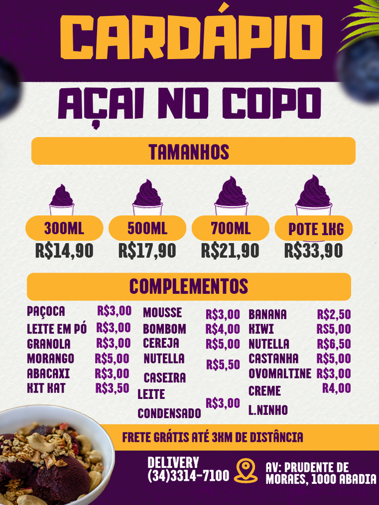 Cardápio de Açaí No Copo Simples Roxo | PDF