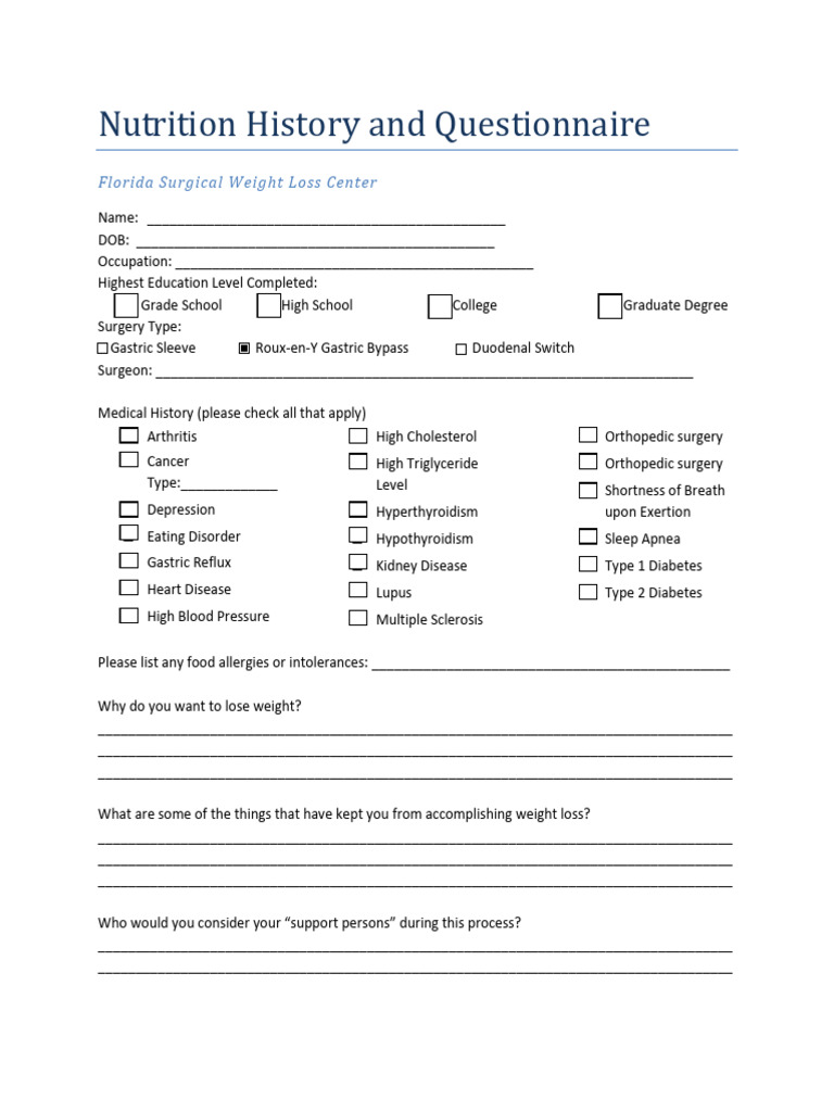 Pre-Op Nutrition Evaluation Paperwork | PDF | Weight Loss | Drink