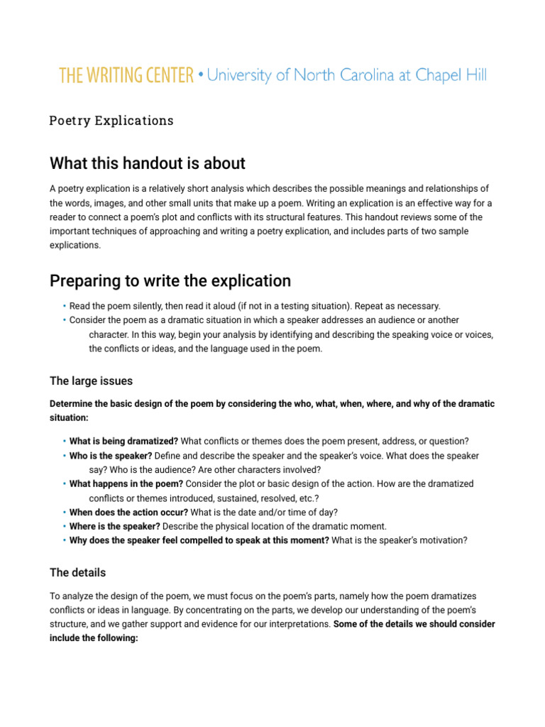 Poetry Explications University of North Carolina at Chapel Hill | PDF
