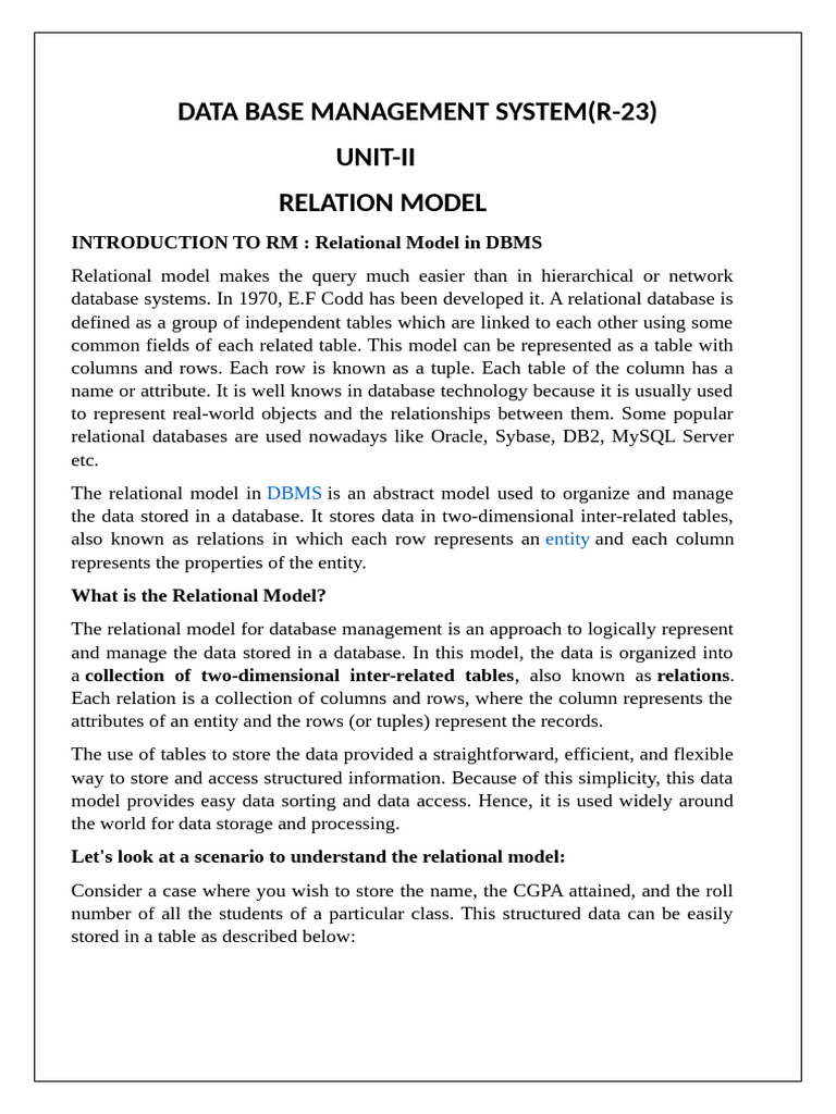Data Base Management System R-23 Unit - II | PDF