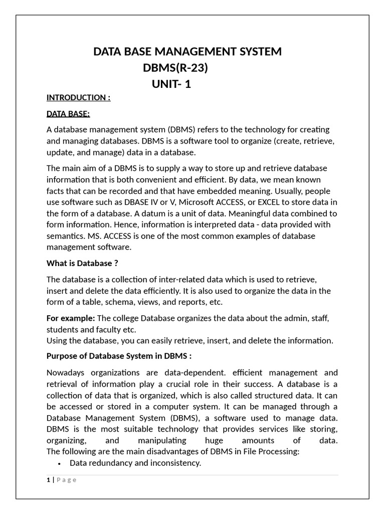 Data Base Management System R-23 Unit - 1 | PDF